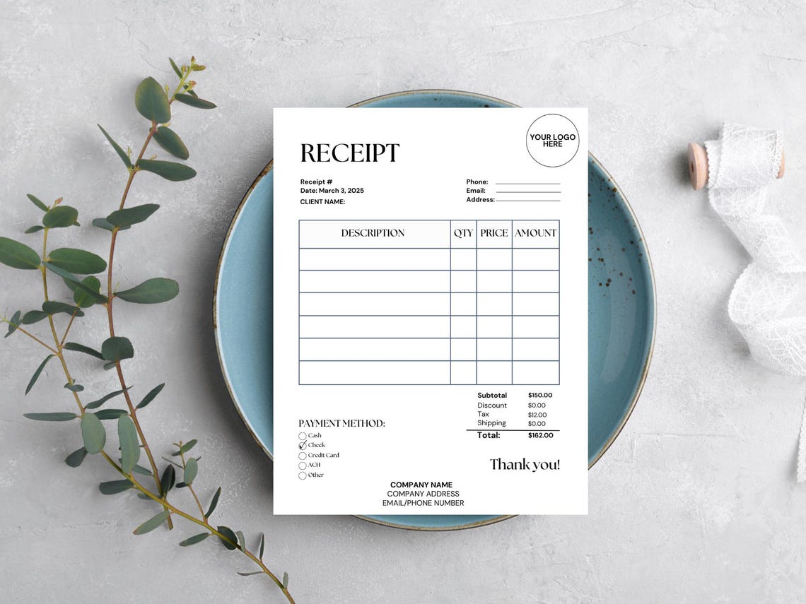 Receipt Template, Printable Receipt Template, Editable Receipt, Digital ...