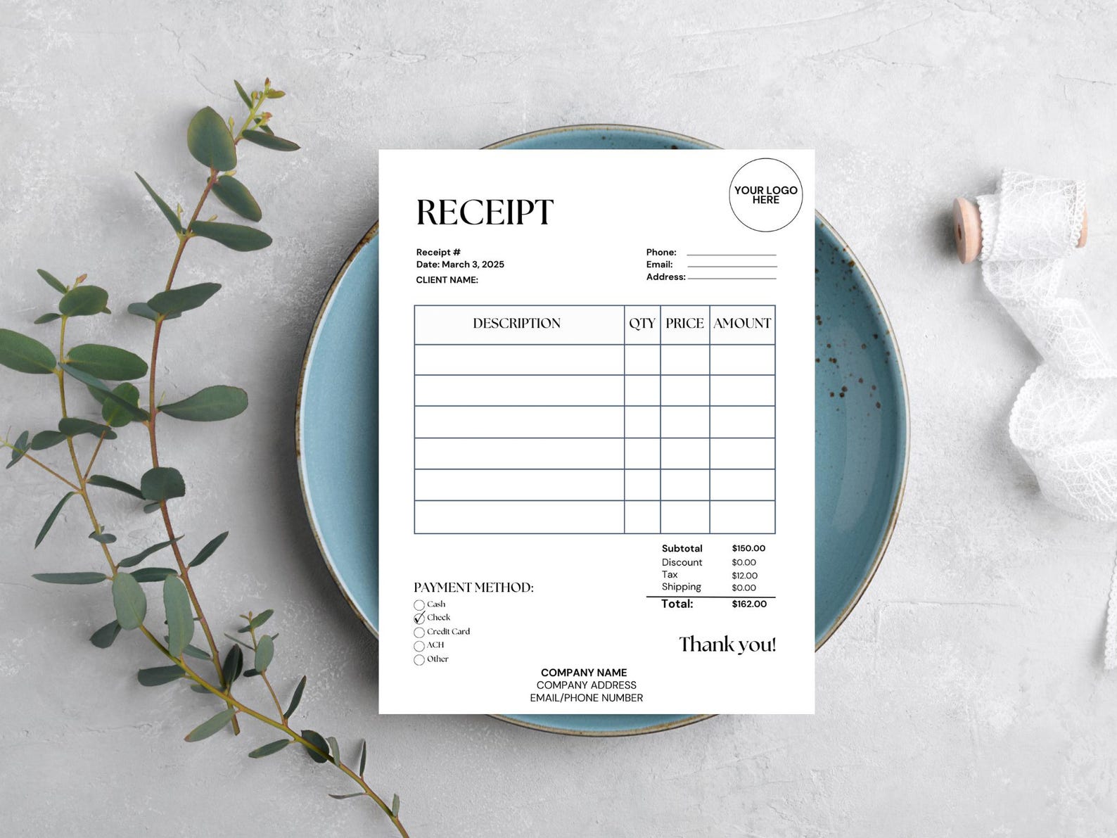 Receipt Template, Printable Receipt Template, Editable Receipt, Digital ...