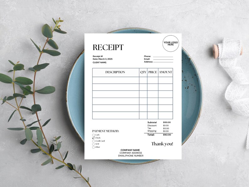 Receipt Template, Printable Receipt Template, Editable Receipt, Digital ...