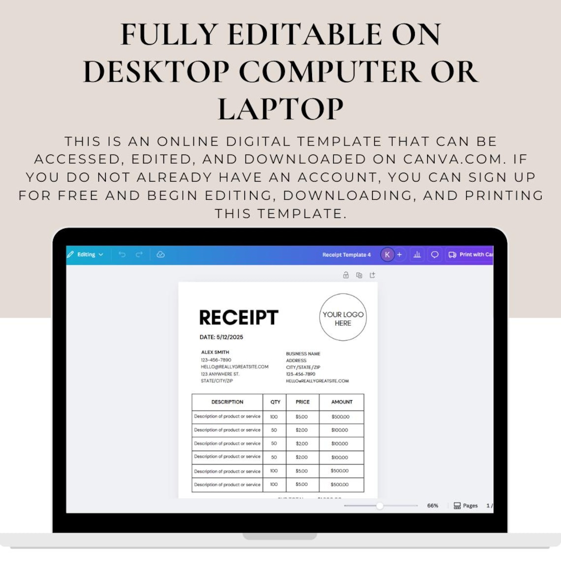 Receipt Template, Receipt for Small Business, Customer Receipt, Client ...
