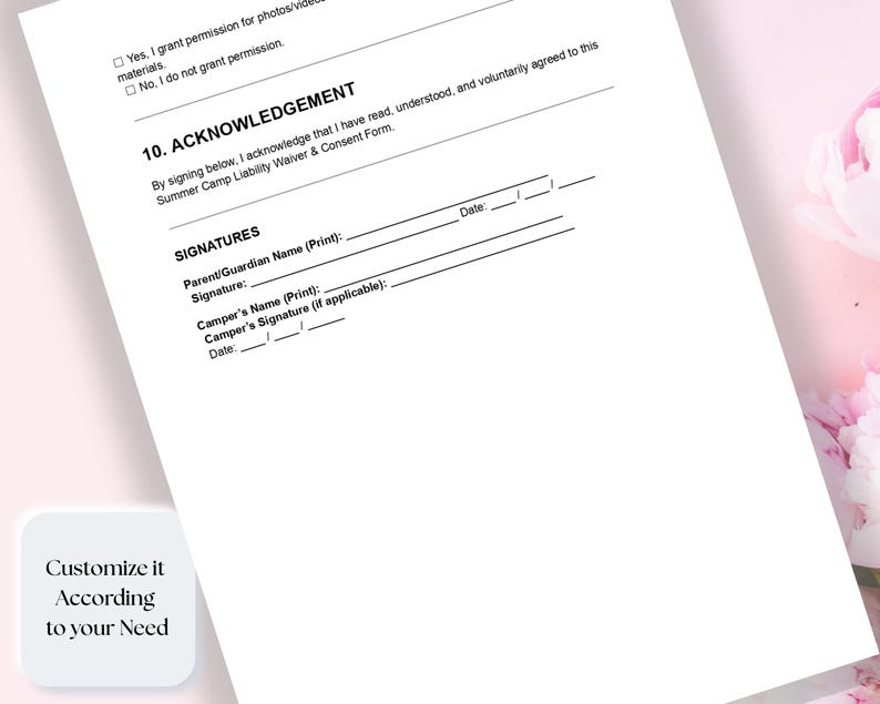 Summer Camp Liability Waiver and Consent Form | Kids Camp Release ...