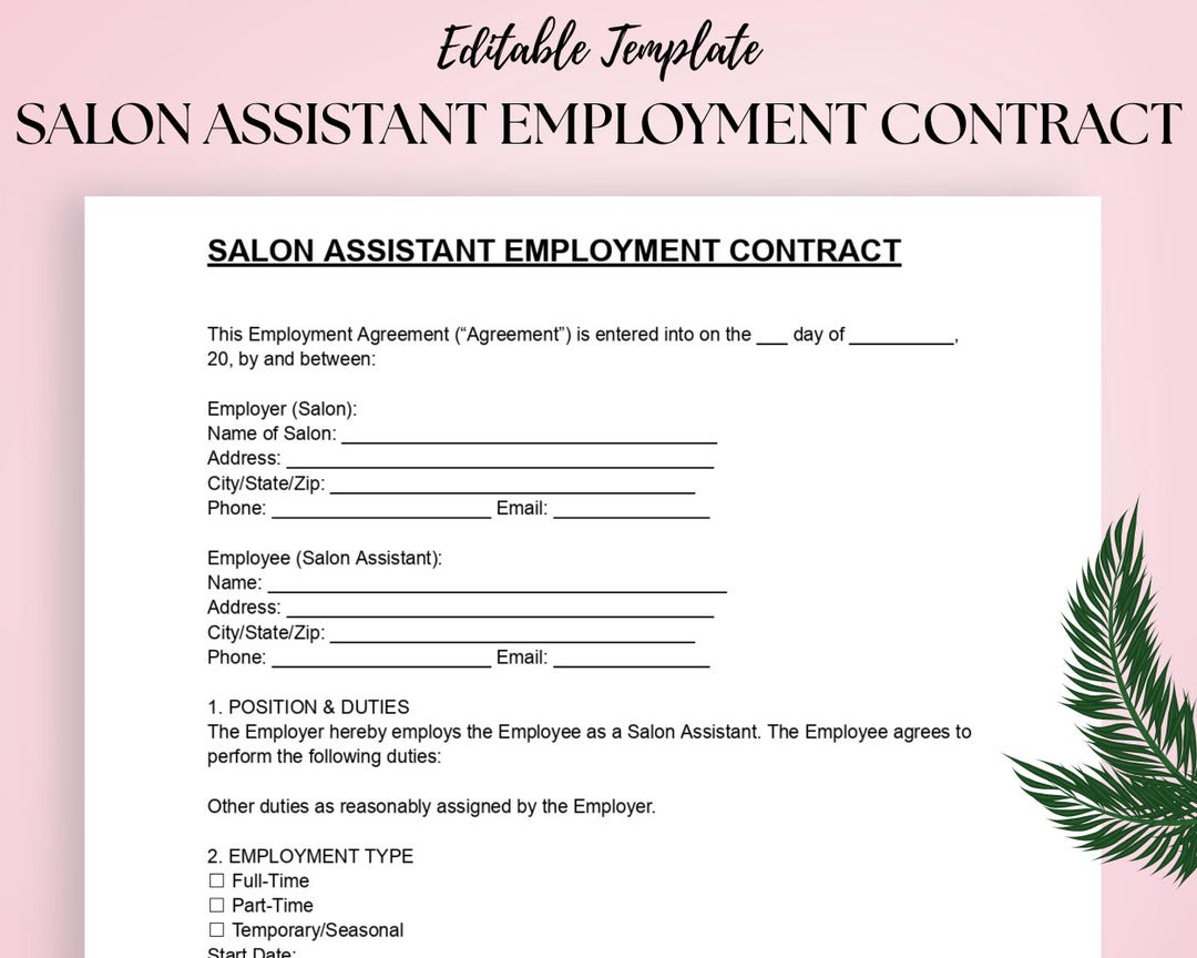 Salon Assistant Employment Contract Template | Editable DOC & PDF ...