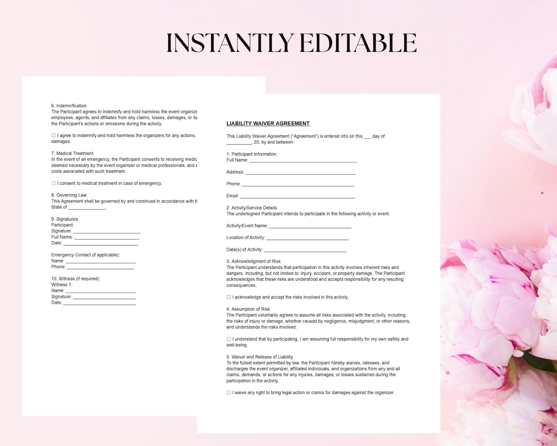 Liability Waiver Agreement DOC PDF | Release of Responsibility Form - Etsy
