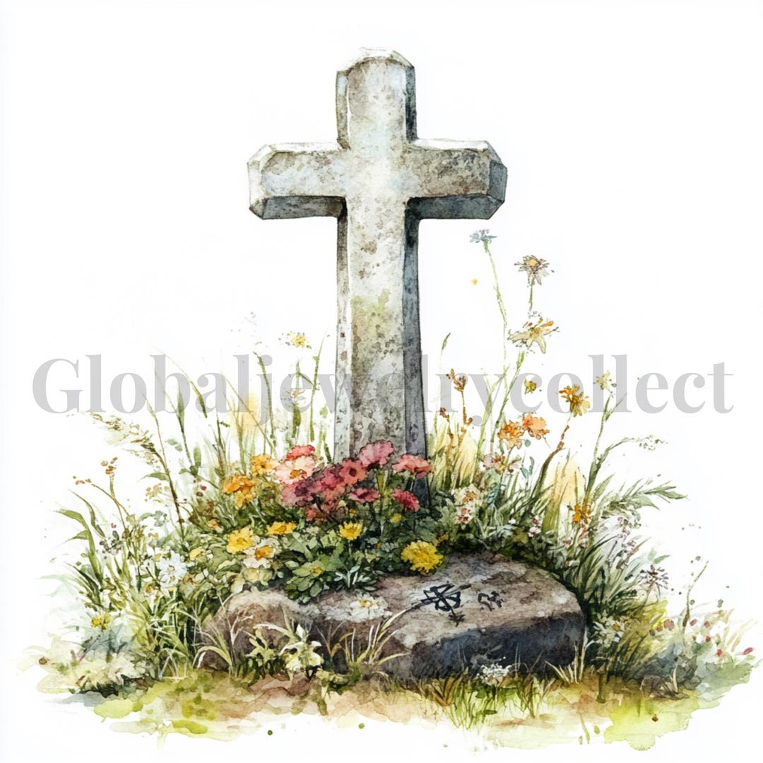 Floral Grave Cross Clipart, Cemetery Cross, Printable Watercolor ...