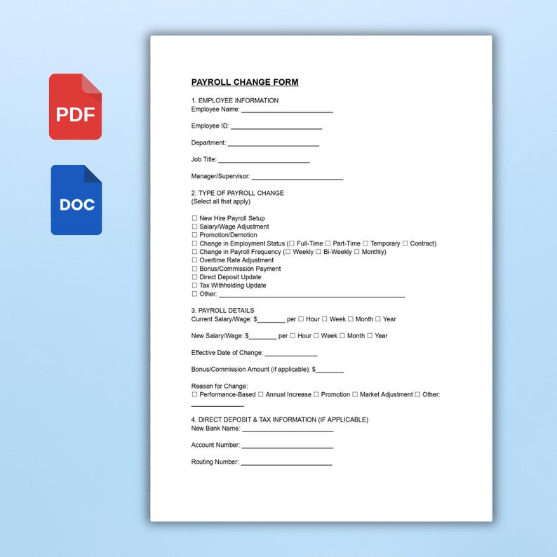 Payroll Change Form Template | Employee Pay Adjustment & Update Form ...