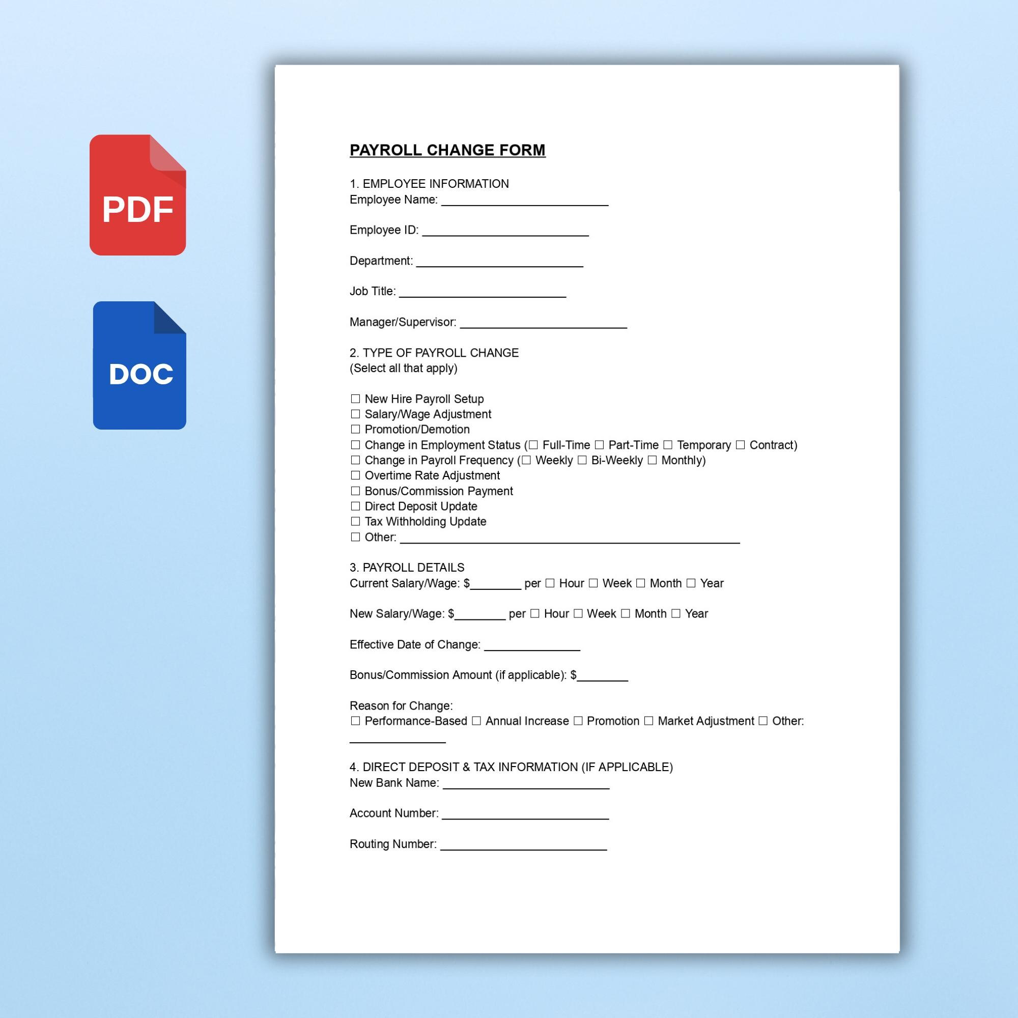Payroll Change Form Template | Employee Pay Adjustment & Update Form ...
