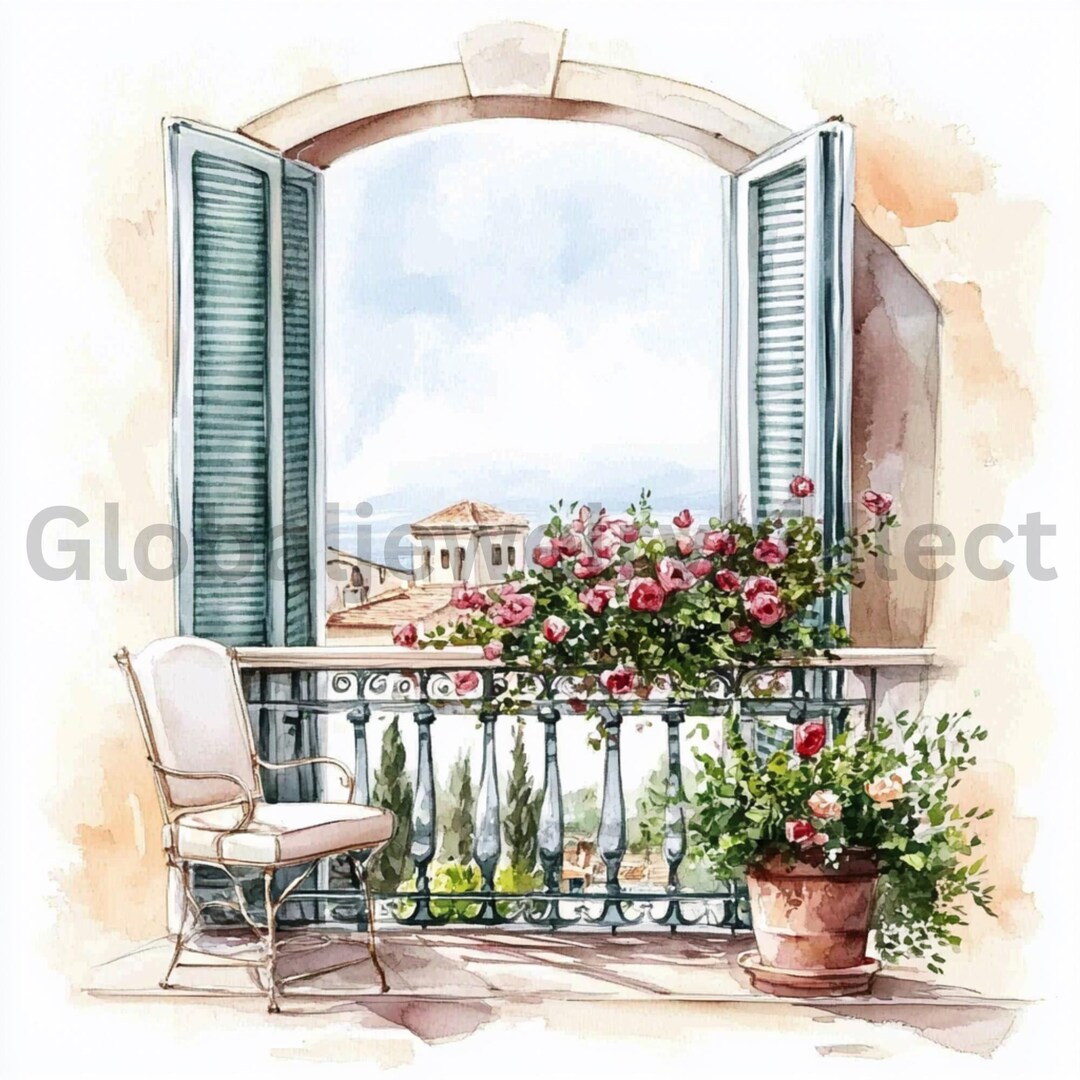 Floral Balcony Clipart, Vintage Balcony, Printable Watercolor Clipart ...