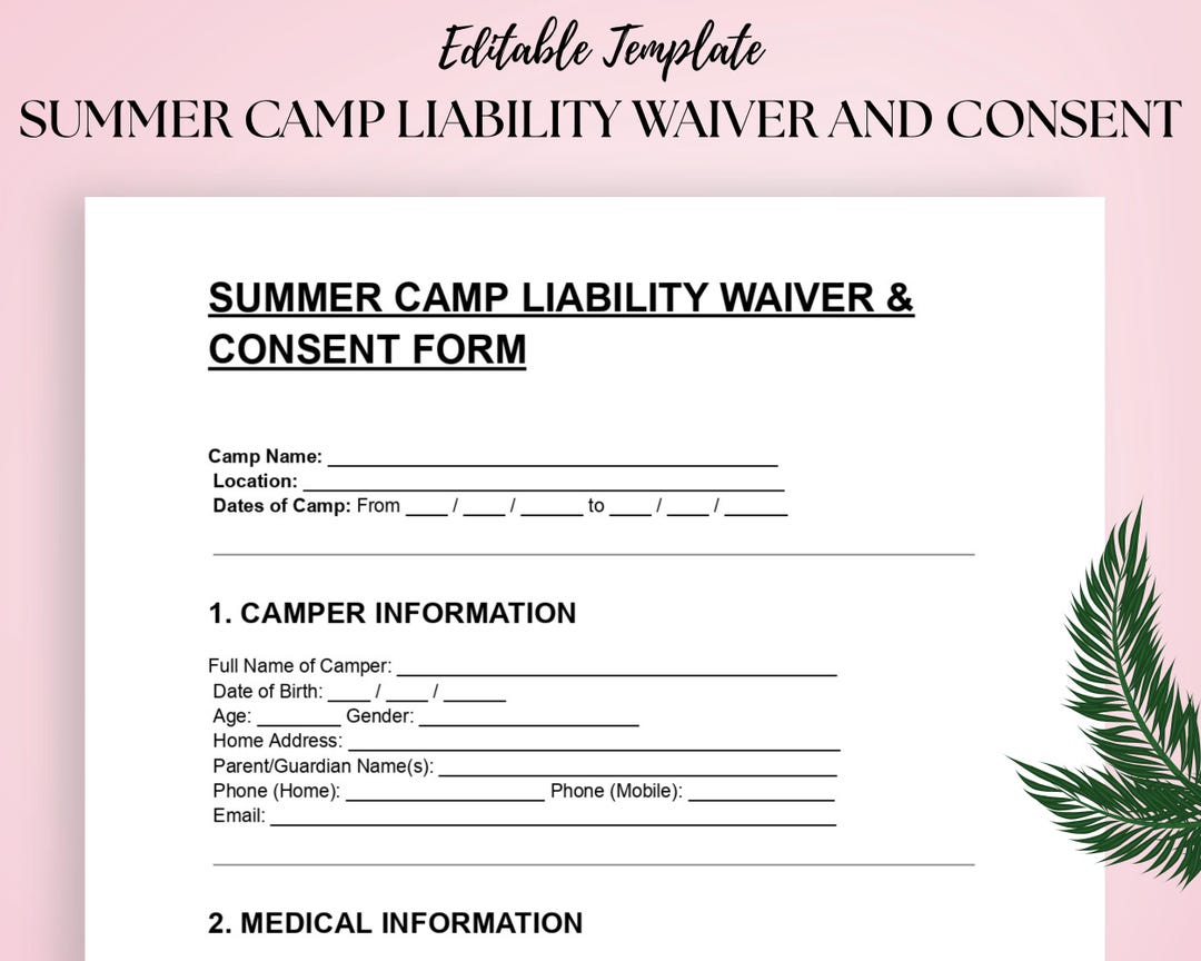 Summer Camp Liability Waiver & Consent Form | Editable Template ...