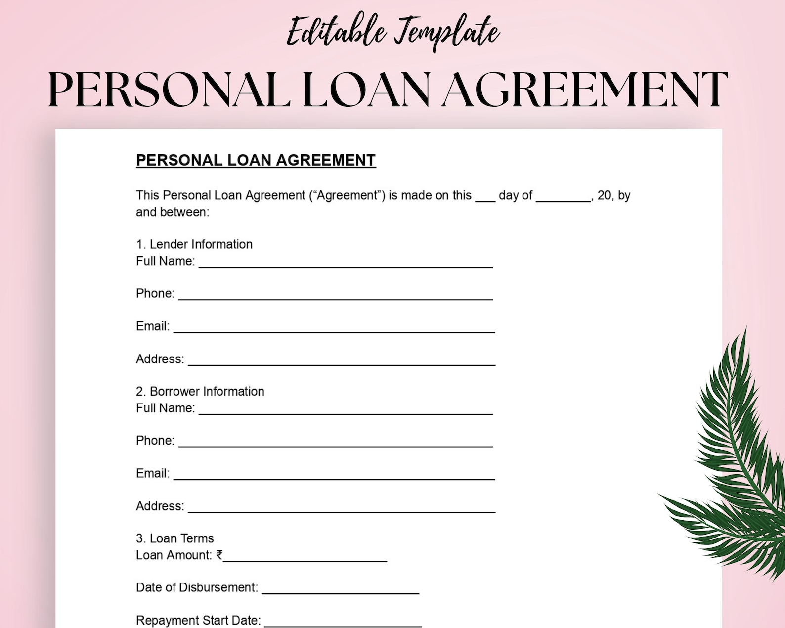 Personal Loan Agreement Template | Borrower & Lender Contract ...