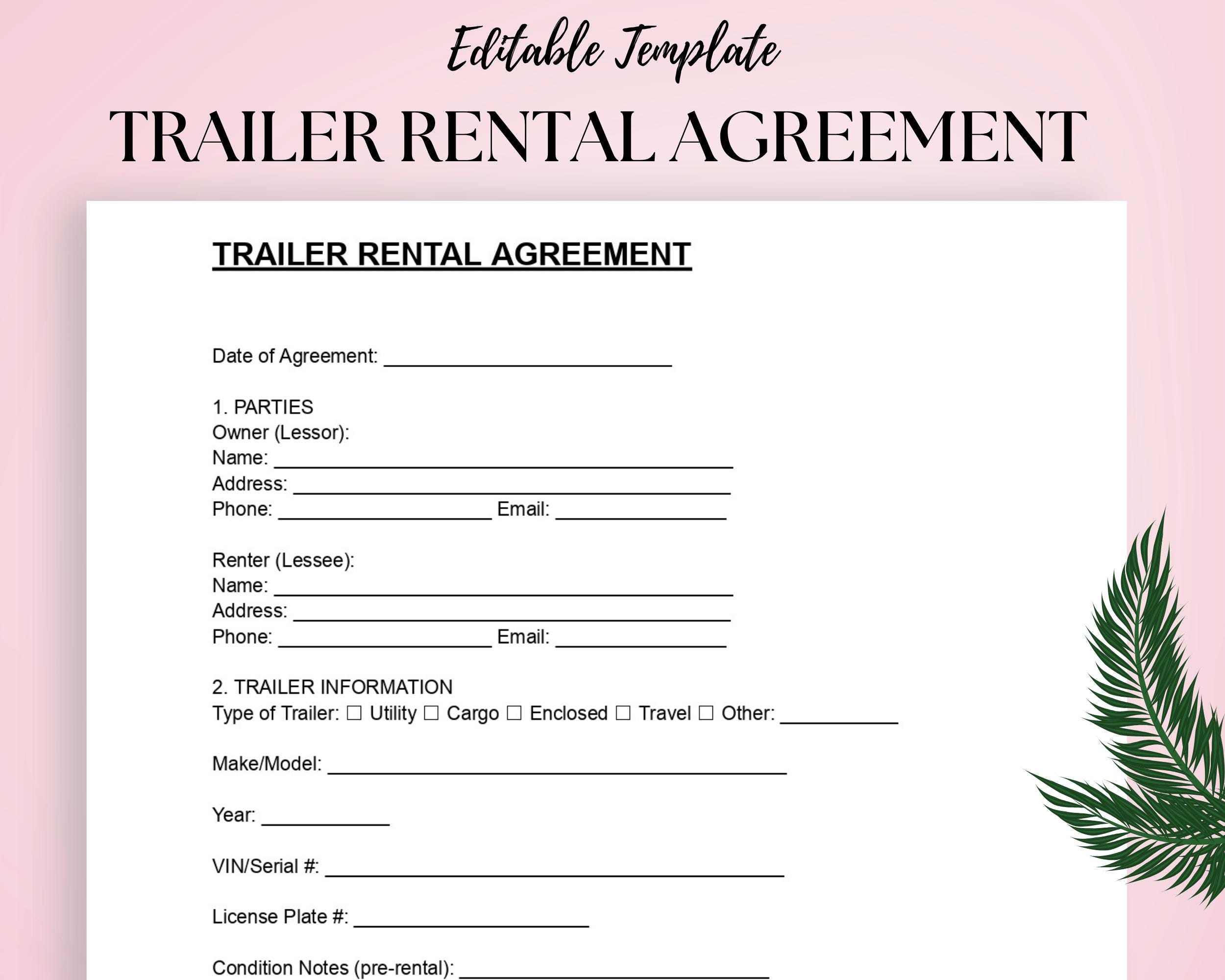 Trailer Rental Agreement Template DOC PDF | Hauling & Tow Contract Form ...