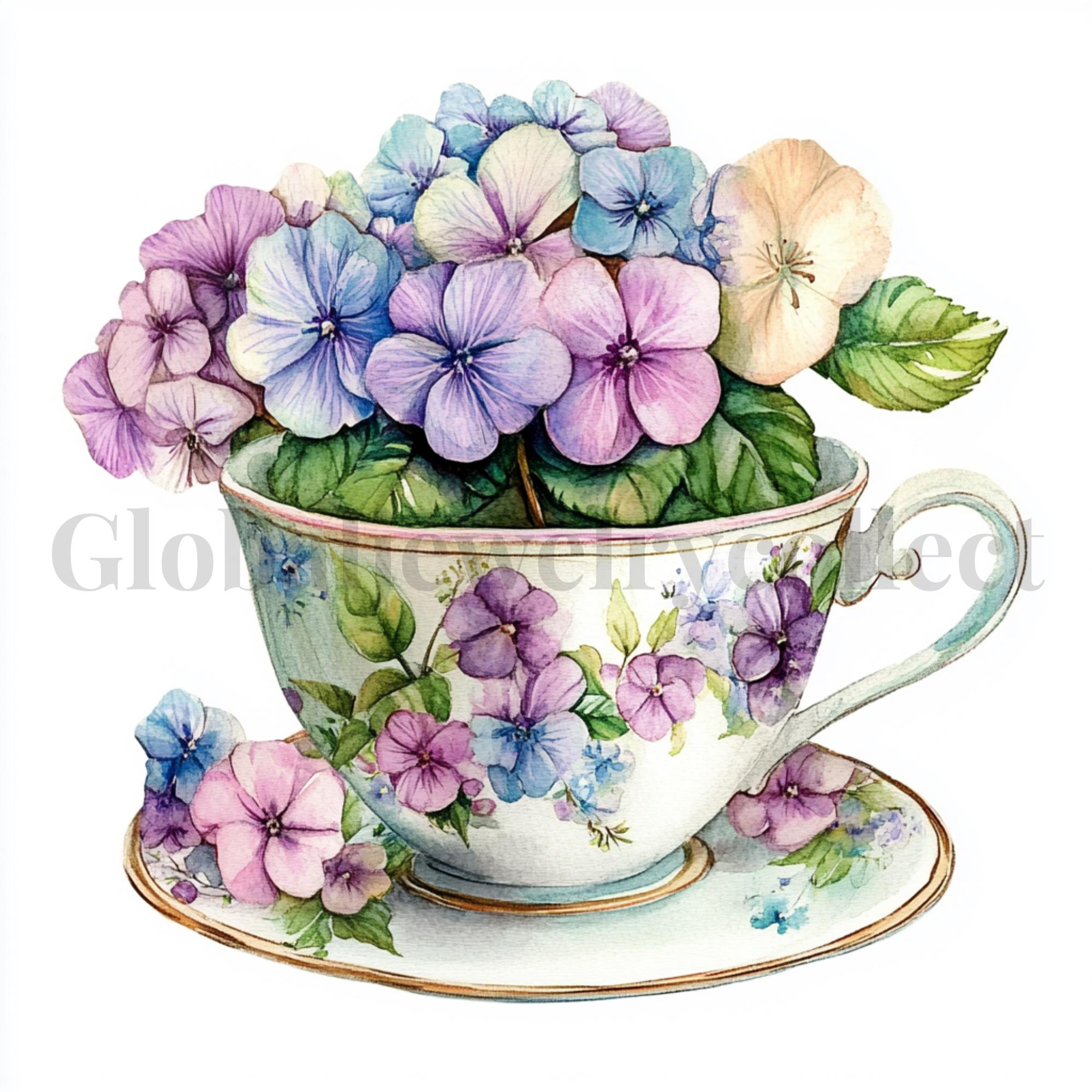 Hydrangea in Tea Cup Clipart, Floral Tea Cup, Printable Watercolor ...