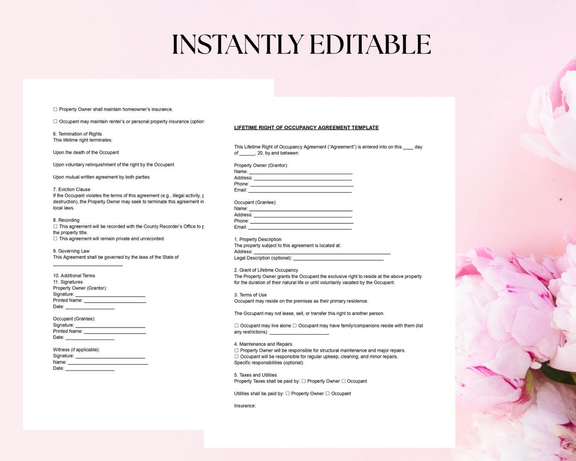 Lifetime Right of Occupancy Agreement Template DOC PDF | Property Use ...