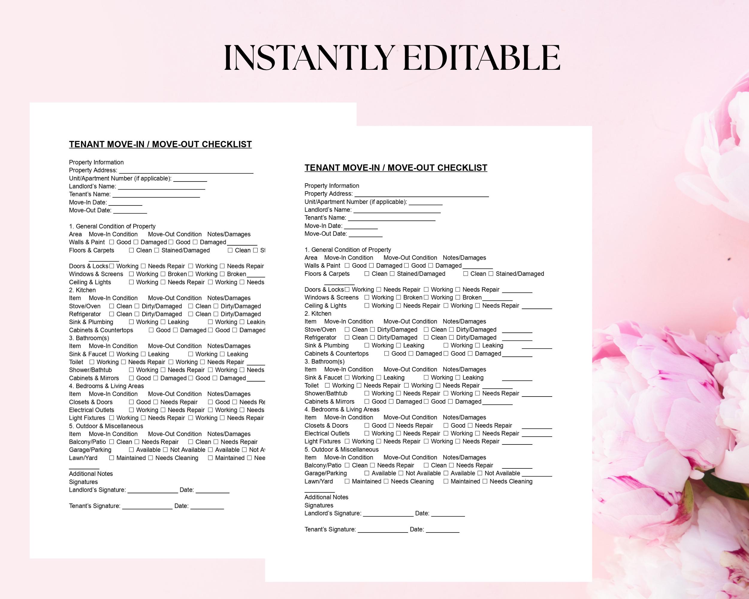Tenant Move-in / Move-out Checklist Template | Rental Property ...