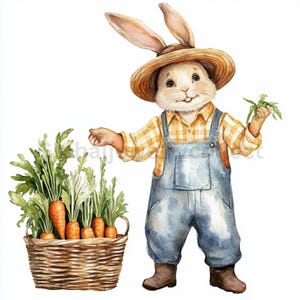 Bunny Farmer Clipart, Bunny Carrot Clipart, Printable Watercolor ...
