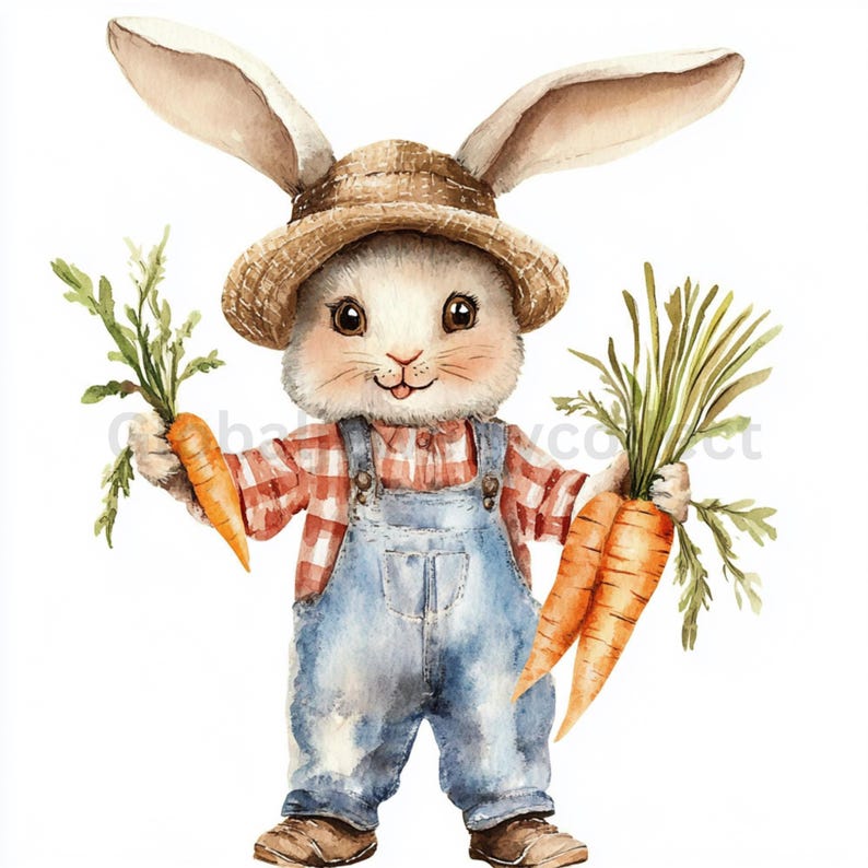 Bunny Farmer Clipart, Bunny Carrot Clipart, Printable Watercolor ...