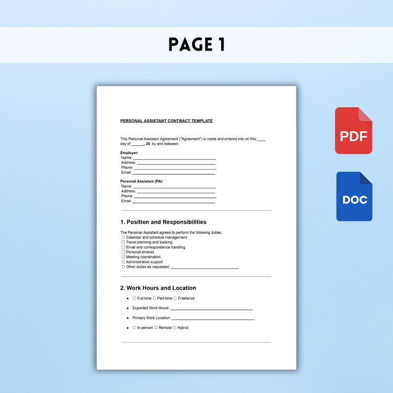 Personal Assistant Contract Template | Editable DOC & PDF | Employment ...