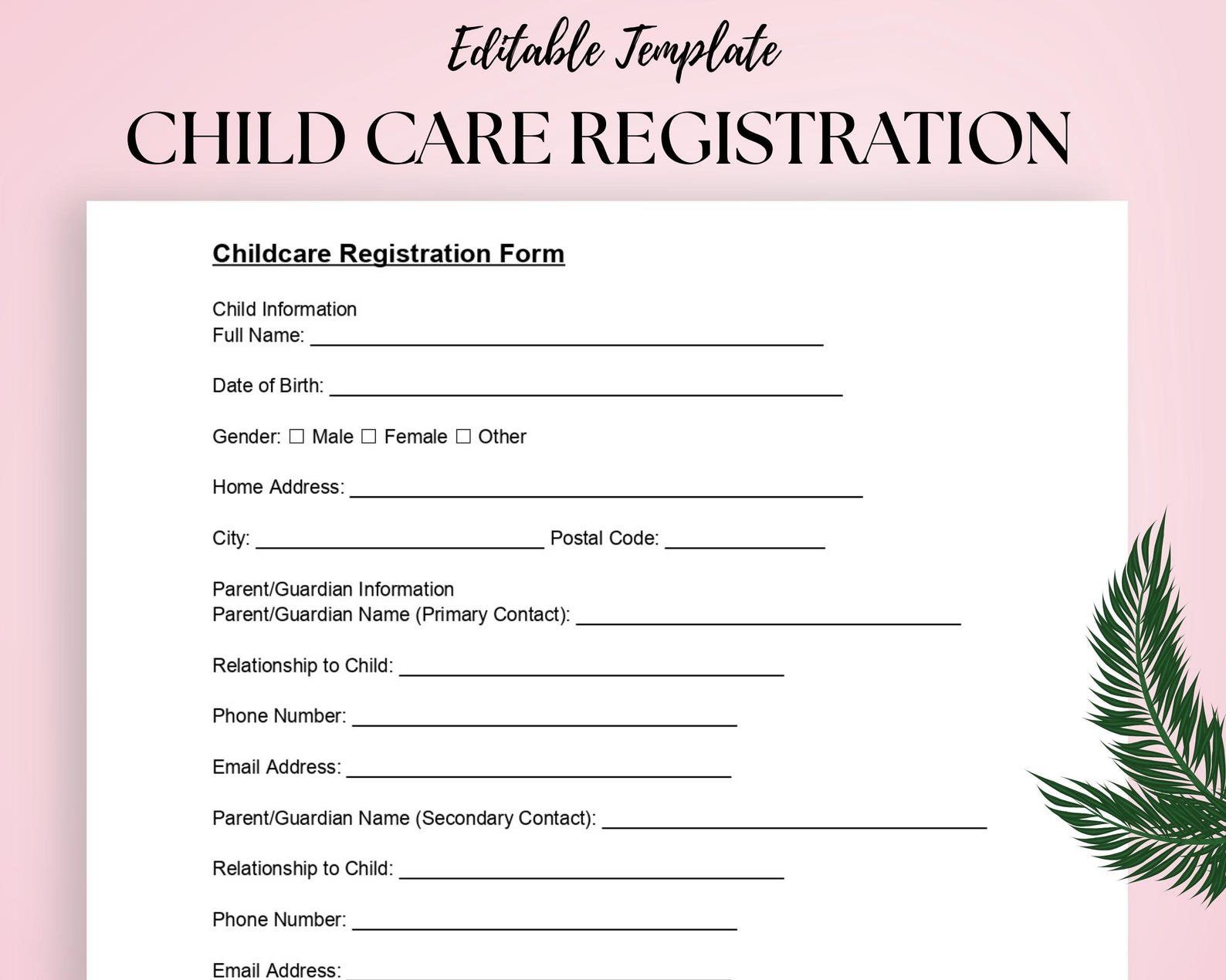 Editable Childcare Registration Form: DOC & PDF Template - Etsy