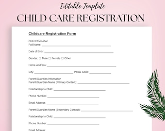 Daycare Enrollment Form, Editable Childcare Registration Form ...