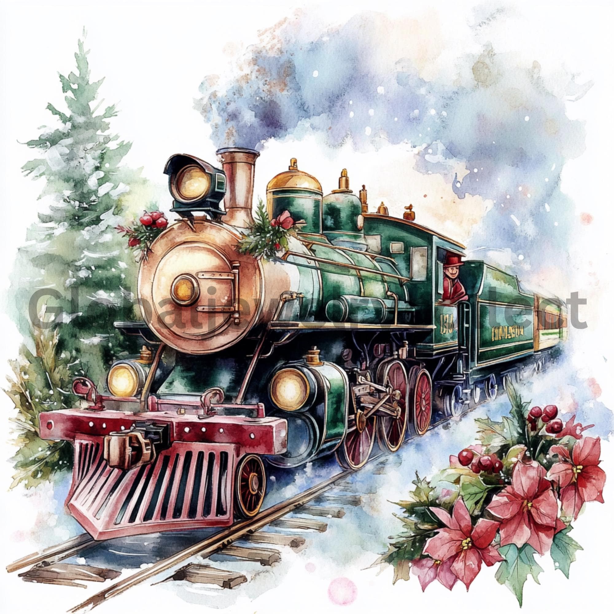 Floral Christmas Train Clipart, Printable Watercolor Clipart, High ...