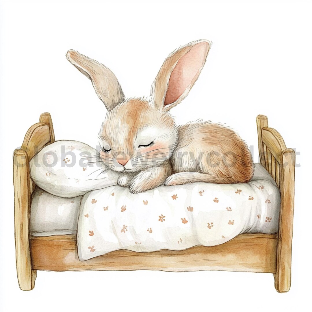 Bunny in Bed Clipart, Sleeping Bunny Clipart, Printable Watercolor ...