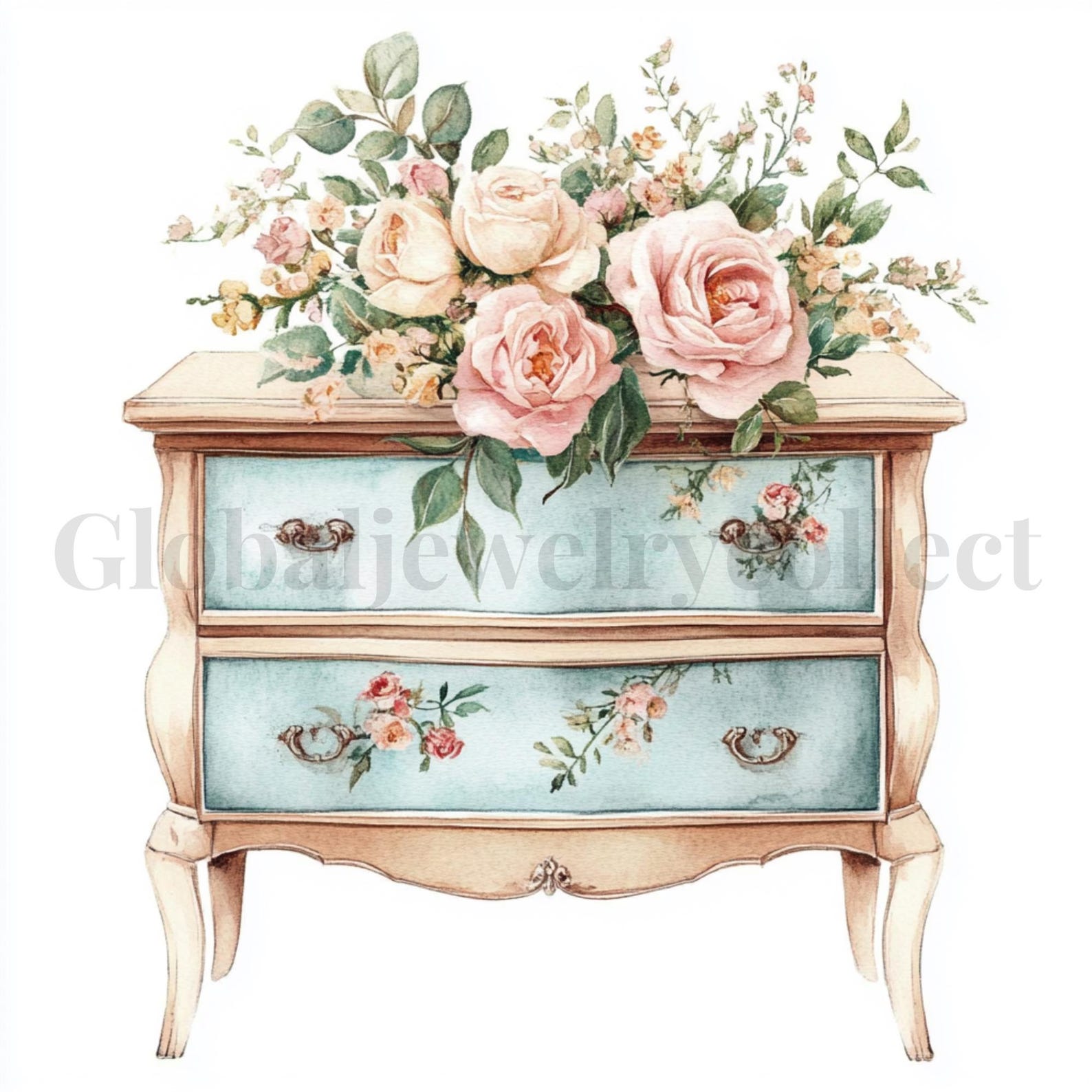 Vintage Floral Commode Clipart, Shabby Chic, Printable Watercolor ...