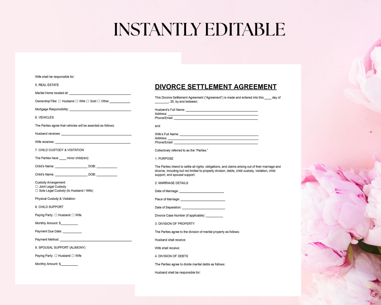 Divorce Settlement Agreement Template: Editable DOC & PDF - Etsy