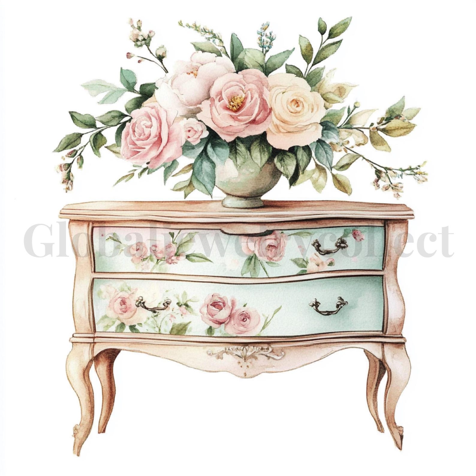 Vintage Floral Commode Clipart, Shabby Chic, Printable Watercolor ...