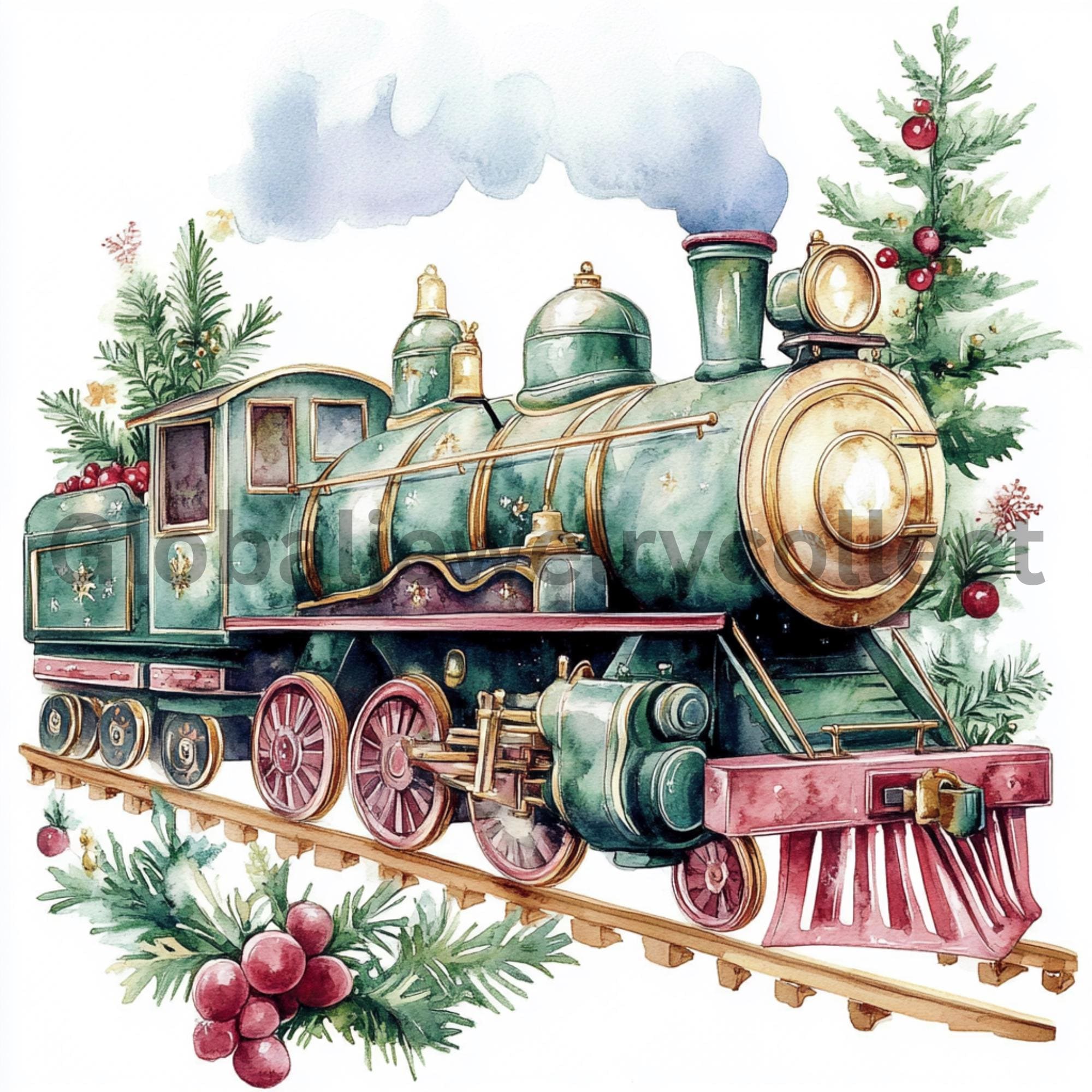 Floral Christmas Train Clipart, Printable Watercolor Clipart, High ...