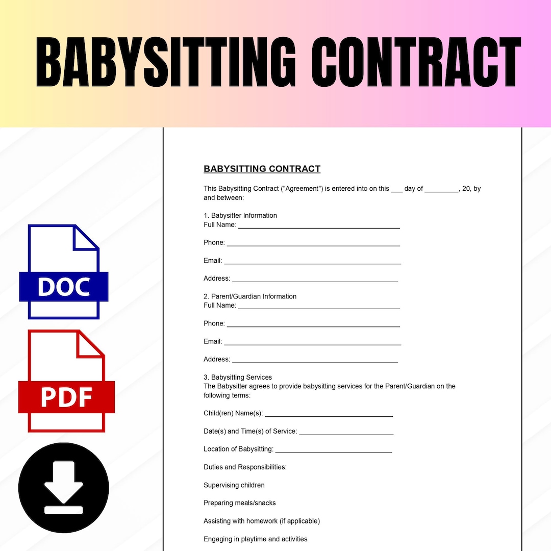 Babysitting Contract Template | Childcare Services Agreement | Editable ...