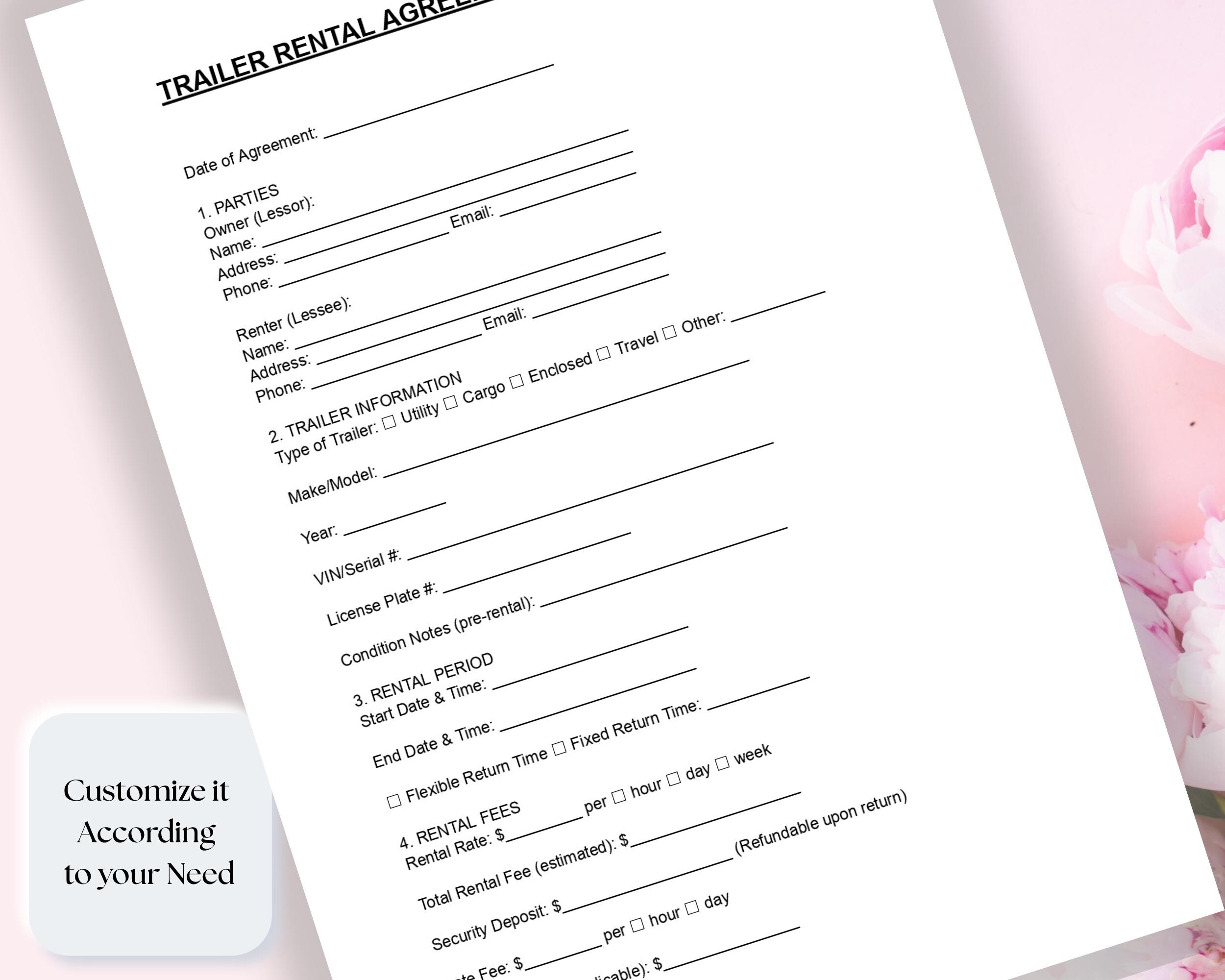 Trailer Rental Agreement Template DOC PDF | Hauling & Tow Contract Form ...