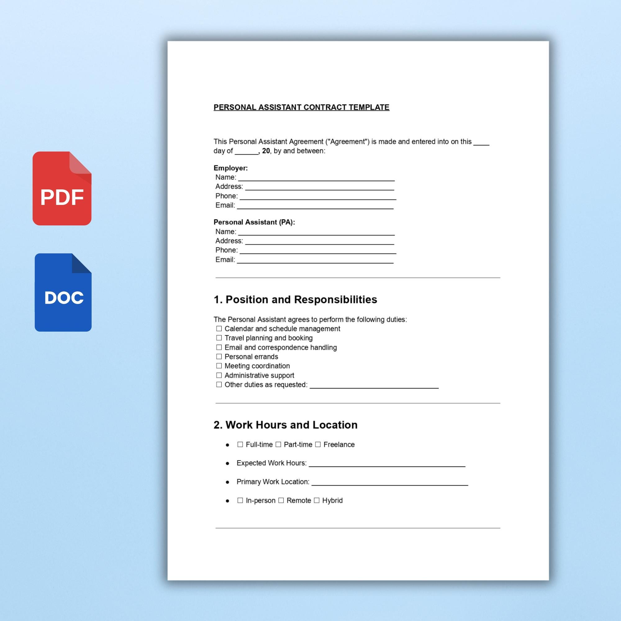 Personal Assistant Contract Template | Editable DOC & PDF | Employment ...