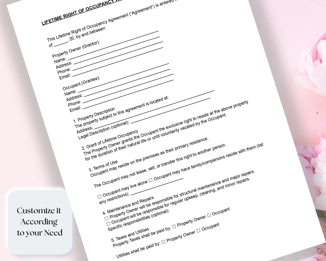 Lifetime Right of Occupancy Agreement Template DOC PDF | Property Use ...