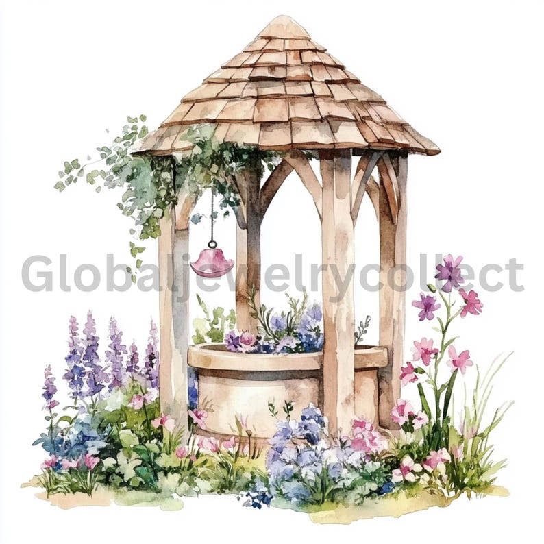 Floral Wishing Well Clipart, Garden Well, Printable Watercolor Clipart ...