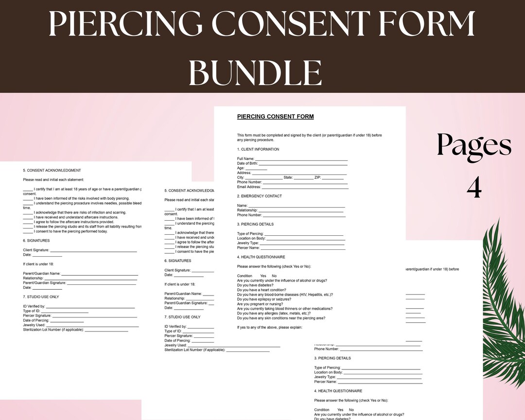 Piercing Consent Form Bundle | Editable Tattoo and Body Piercing Waiver ...