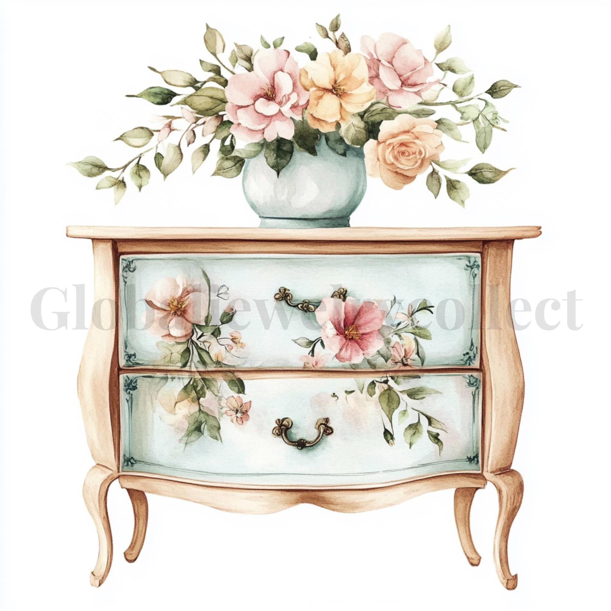Vintage Floral Commode Clipart, Shabby Chic, Printable Watercolor ...