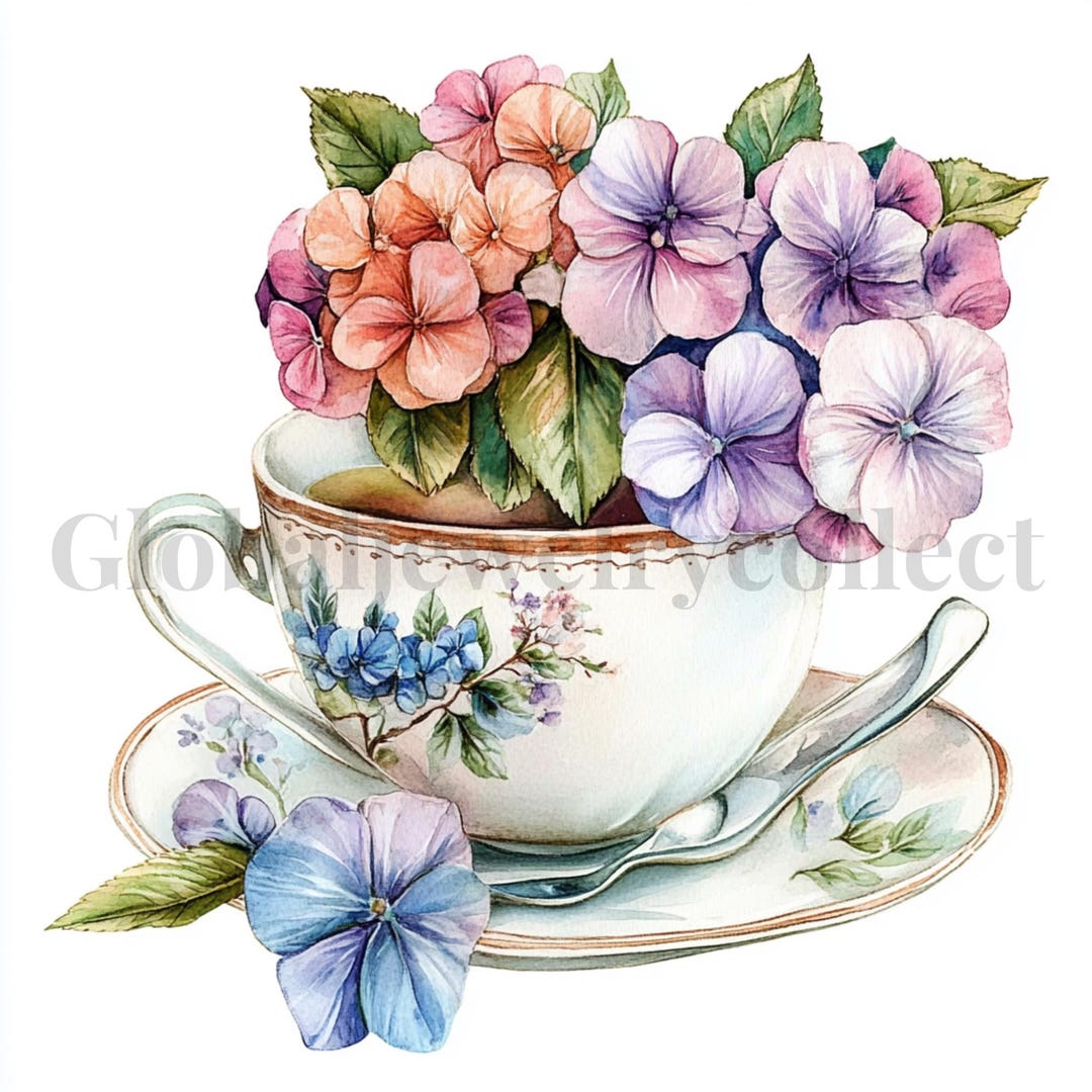 Hydrangea in Tea Cup Clipart, Floral Tea Cup, Printable Watercolor ...