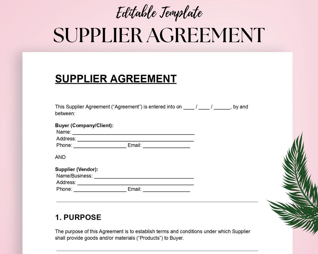 Supplier Agreement Contract Template: Editable DOC & PDF Instant ...