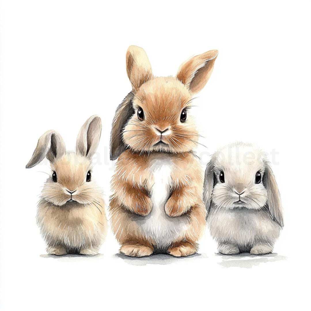 Sad Bunny Clipart, Fluffy Rabbit Clipart, Printable Watercolor Clipart ...