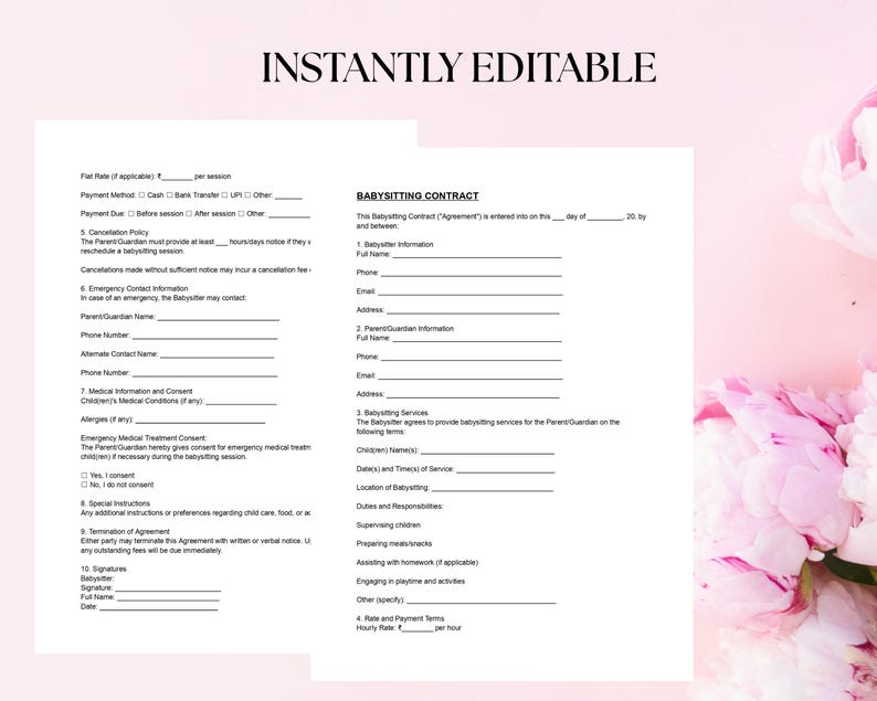 Babysitting Contract Template | Childcare Services Agreement | Editable ...