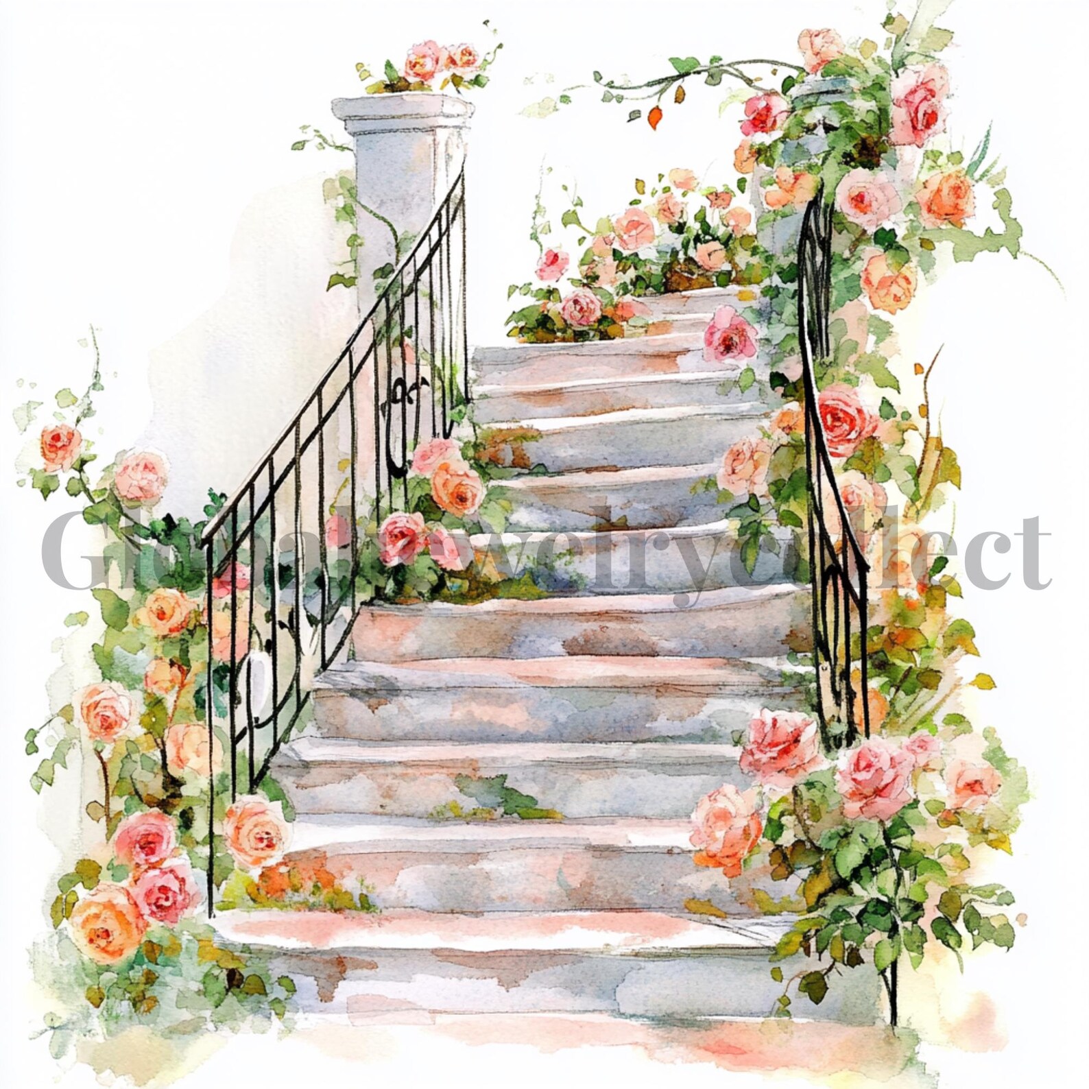 Floral Stairs Clipart, Romantic Stairs, Printable Watercolor Clipart ...