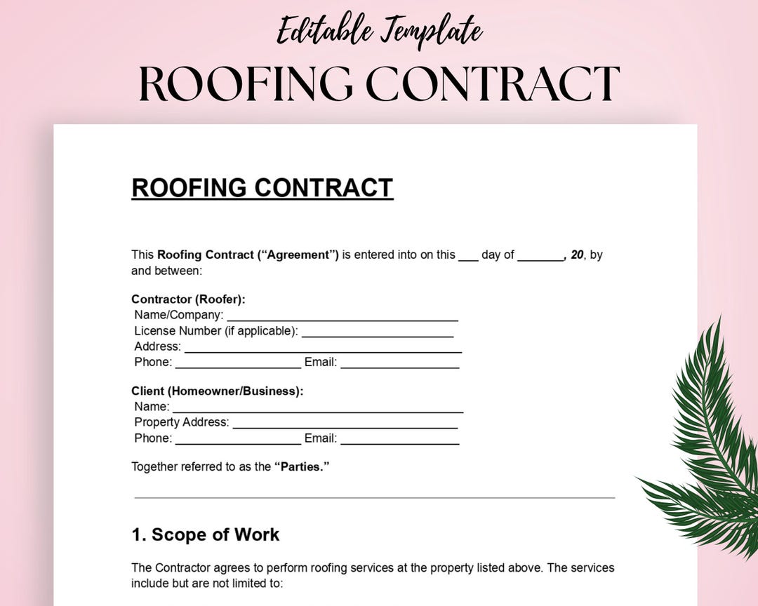 Roofing Contract Template: Editable DOC & PDF Agreement (digital ...