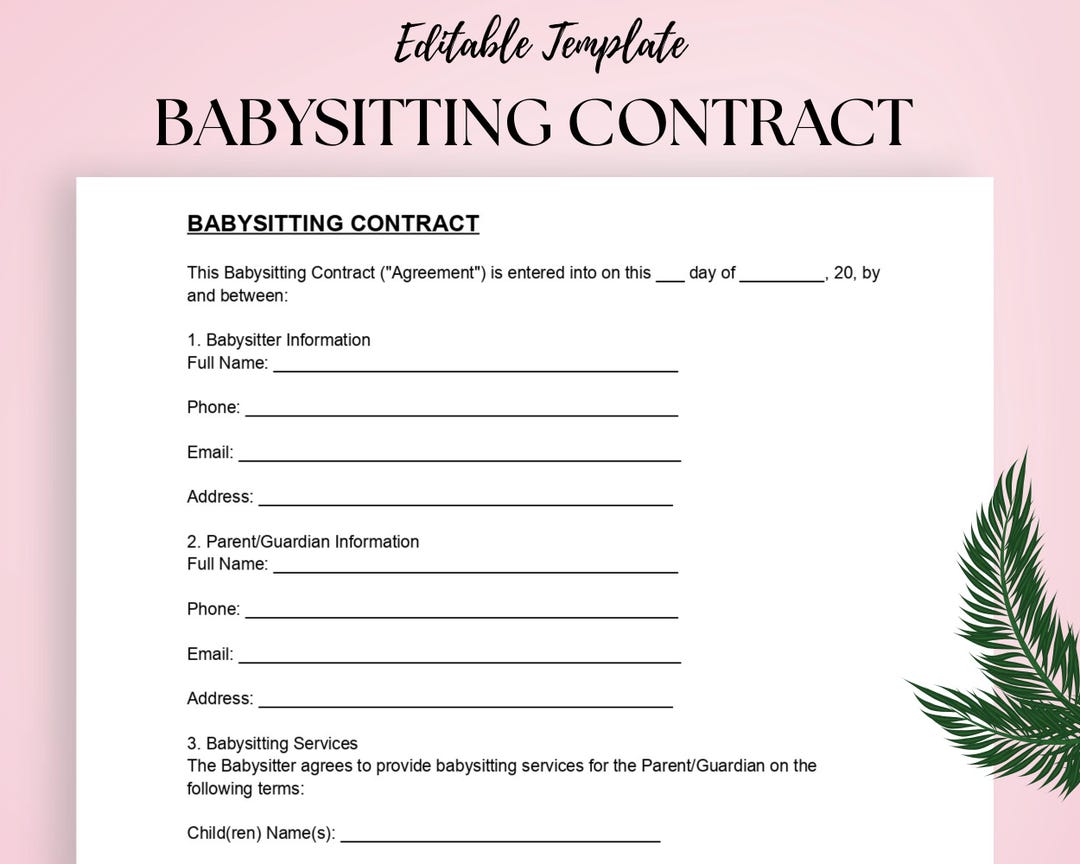 Babysitting Contract Template | Childcare Services Agreement | Editable ...