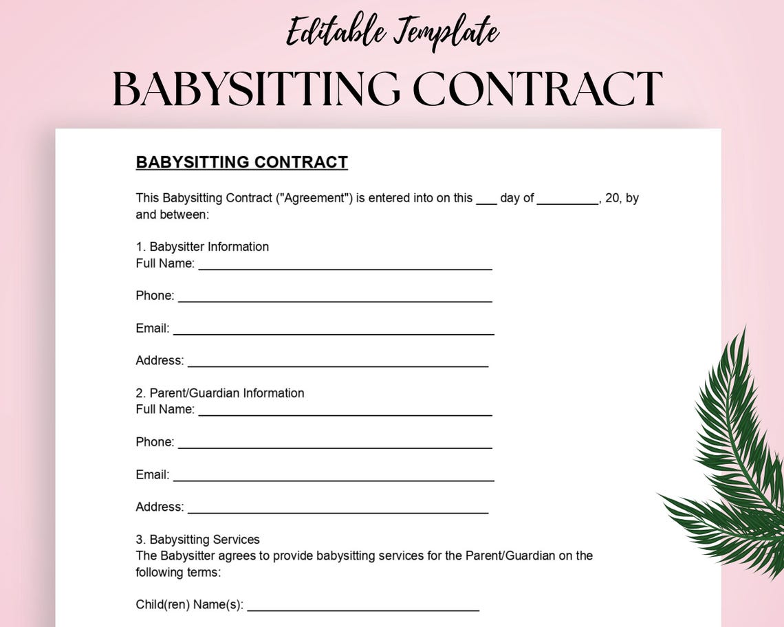 Babysitting Contract Template | Childcare Services Agreement | Editable ...