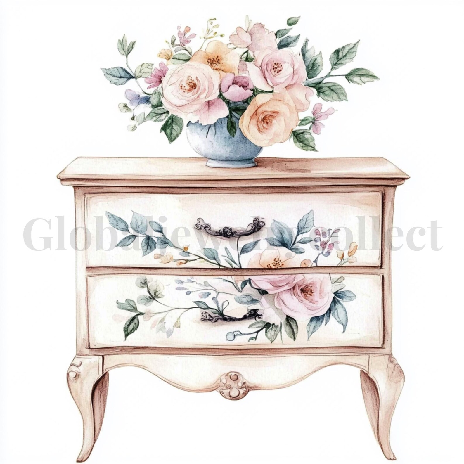 Vintage Floral Commode Clipart, Shabby Chic, Printable Watercolor ...