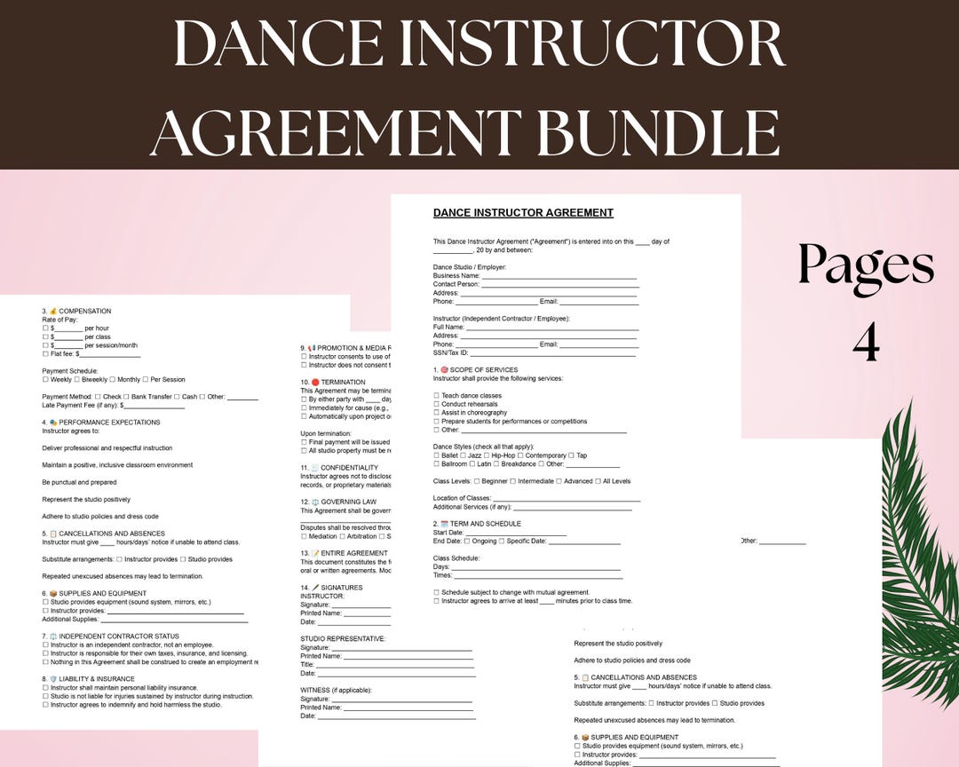 Dance Instructor Agreement Bundle | Editable Dance Teaching Contract ...
