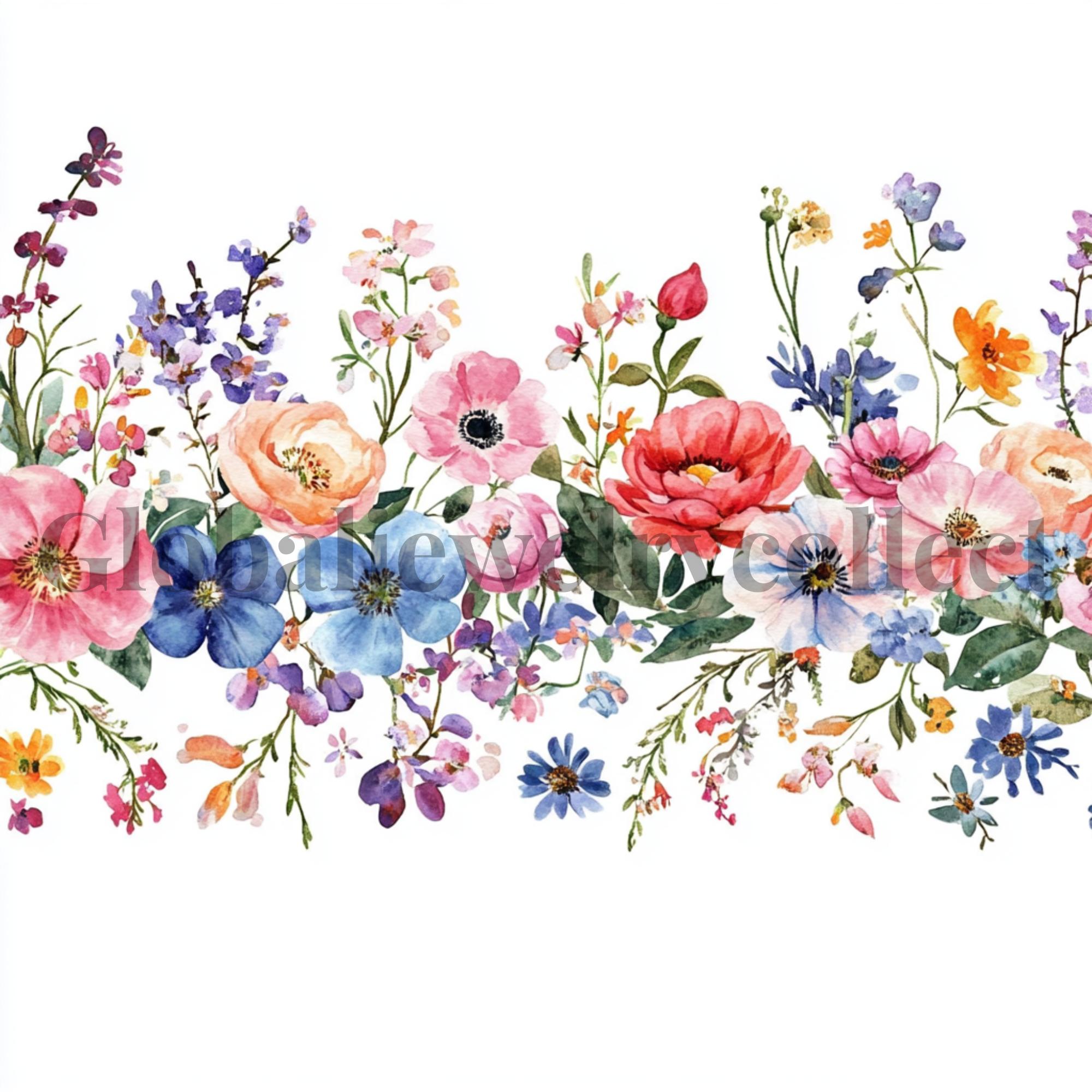 Wildflowers Border Clipart, Seamless Floral Border, Digital Clipart ...