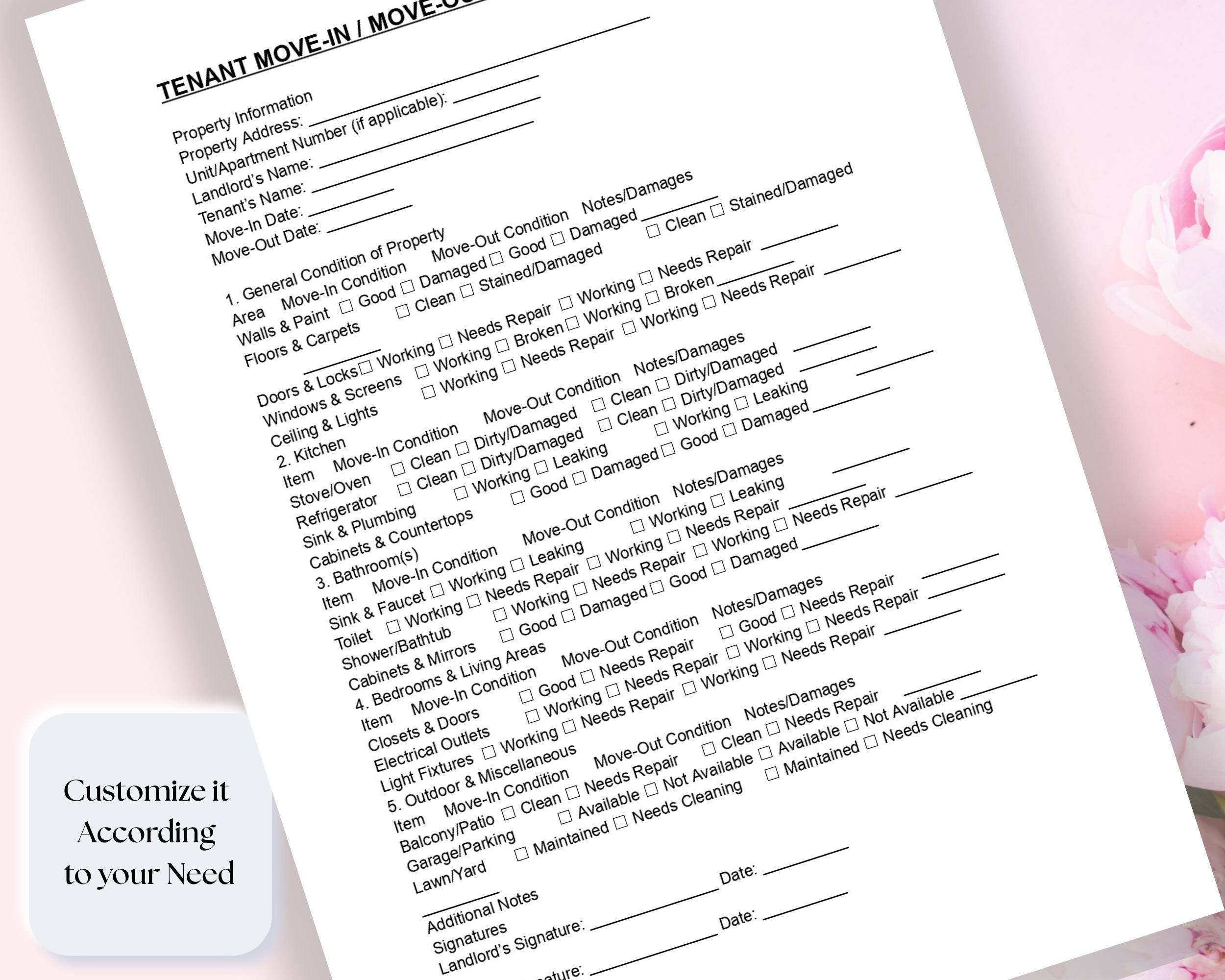 Tenant Move-in / Move-out Checklist Template | Rental Property ...