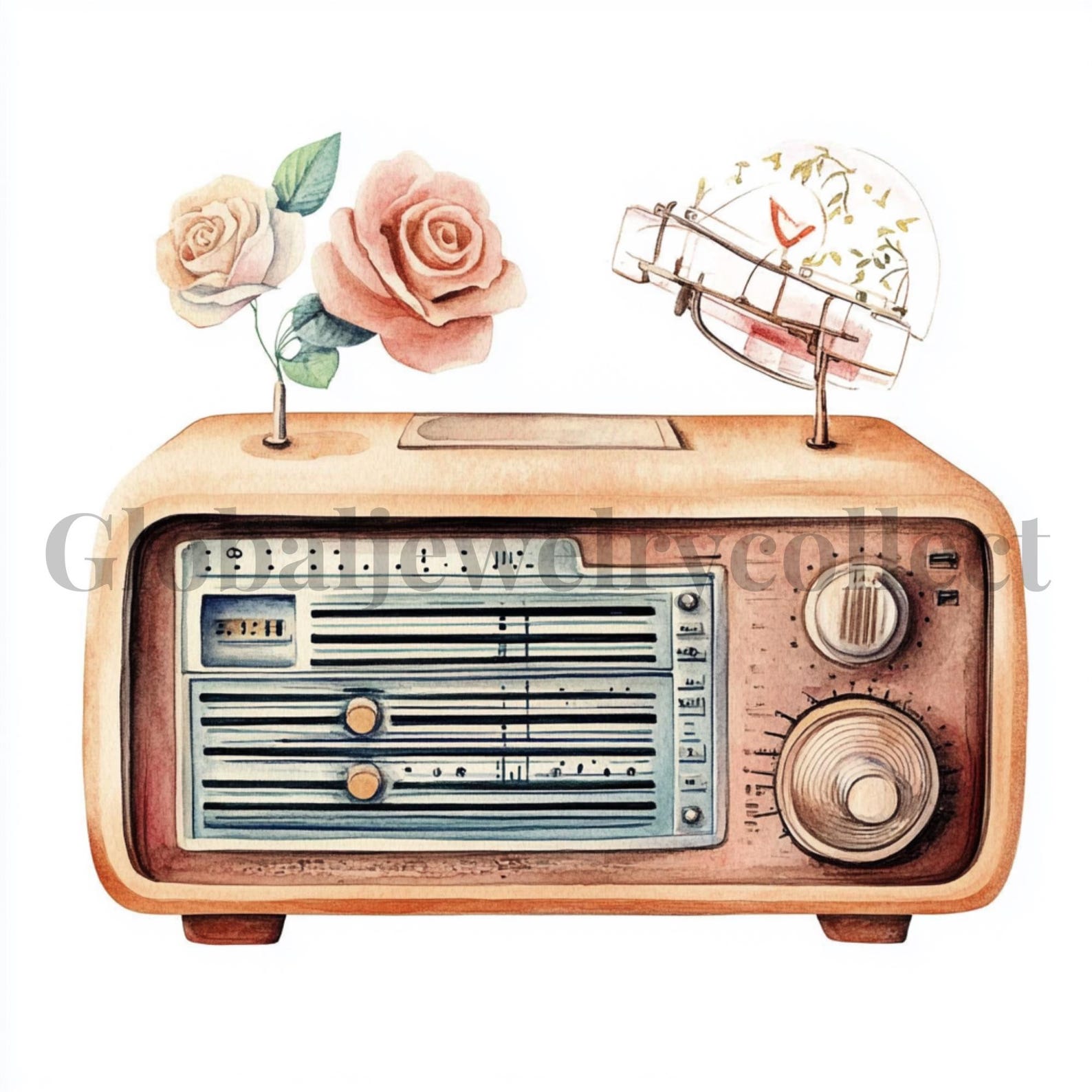Floral Radio Set Clipart, Vintage Radio, Printable Watercolor Clipart ...