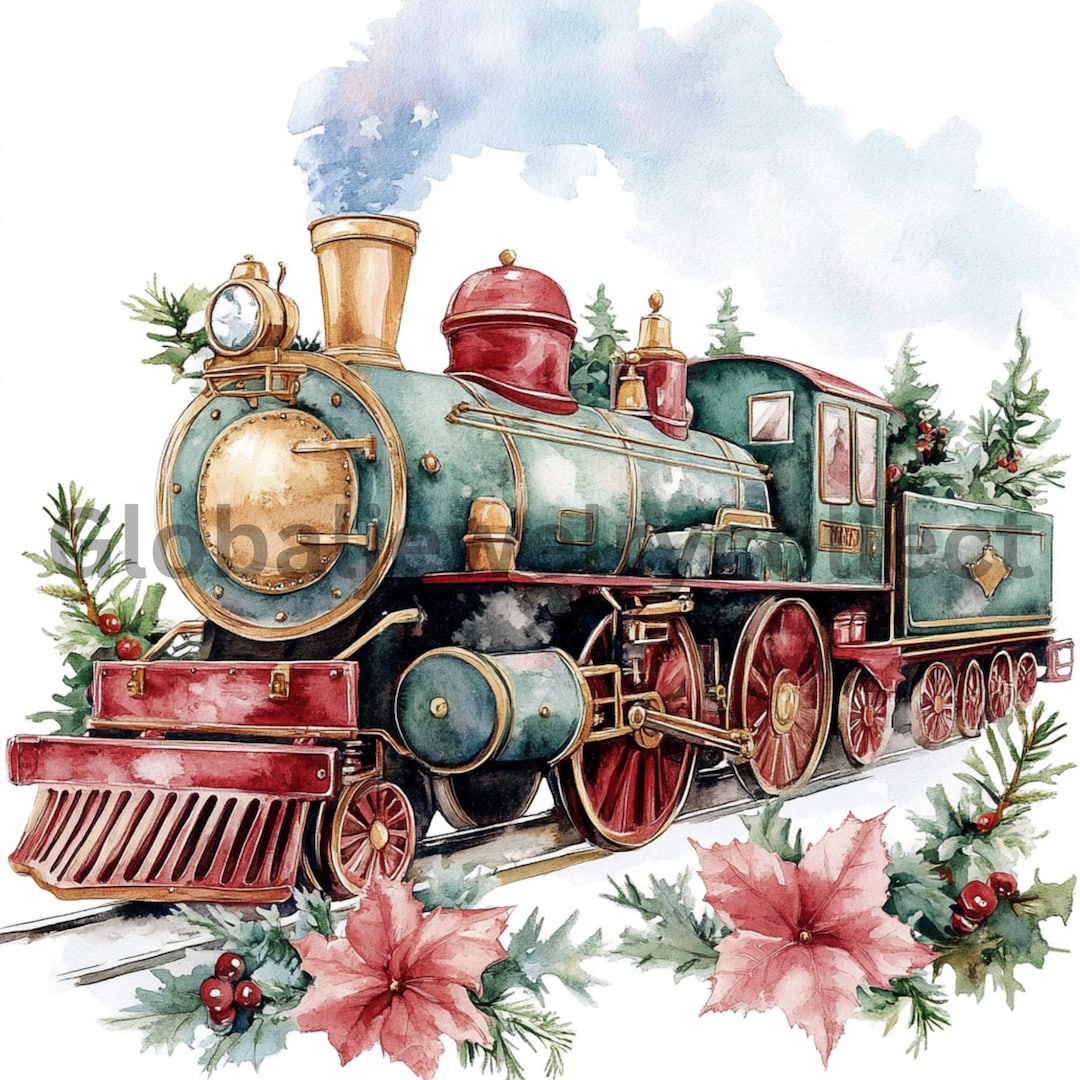 Floral Christmas Train Clipart, Printable Watercolor Clipart, High ...
