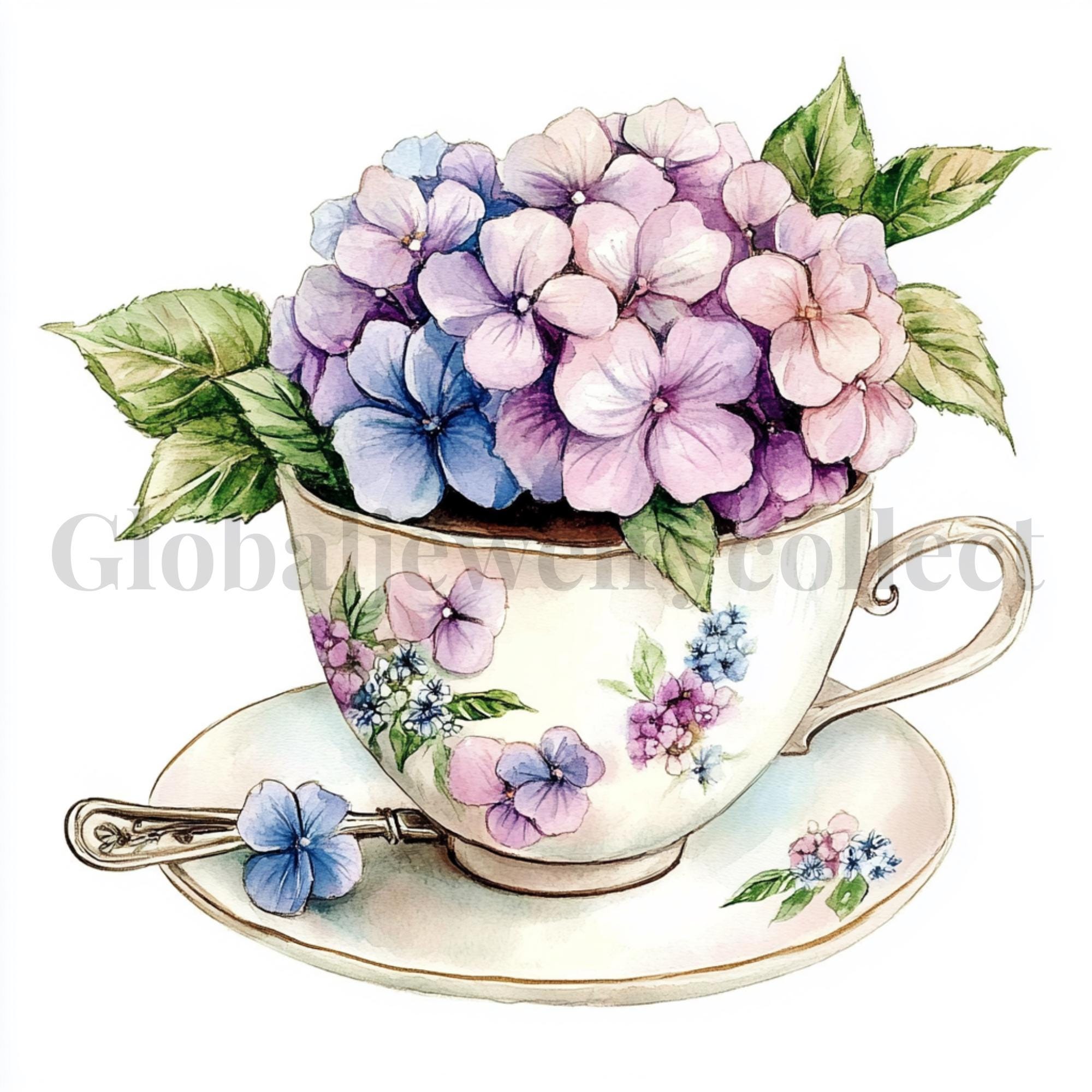 Hydrangea in Tea Cup Clipart, Floral Tea Cup, Printable Watercolor ...
